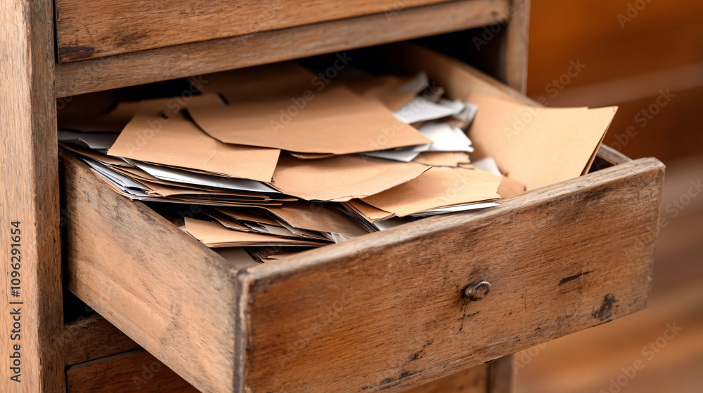 Unorganized assortment of envelopes and paper scraps spills out of an ...