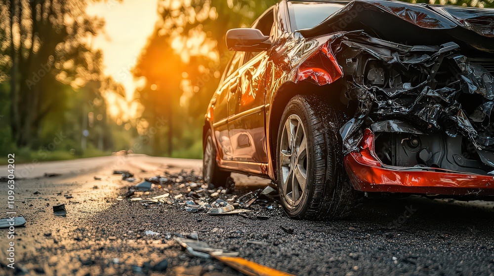 Wrecked red car with front-end damage on roadside during sunset ...