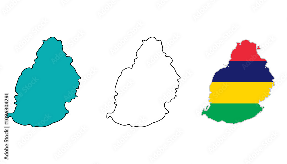 Mauritius map outline silhouette and flag isolated on map with ...