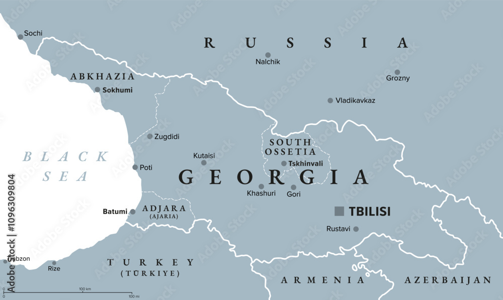 Georgia with capital Tbilisi, gray political map. Country in Eastern ...
