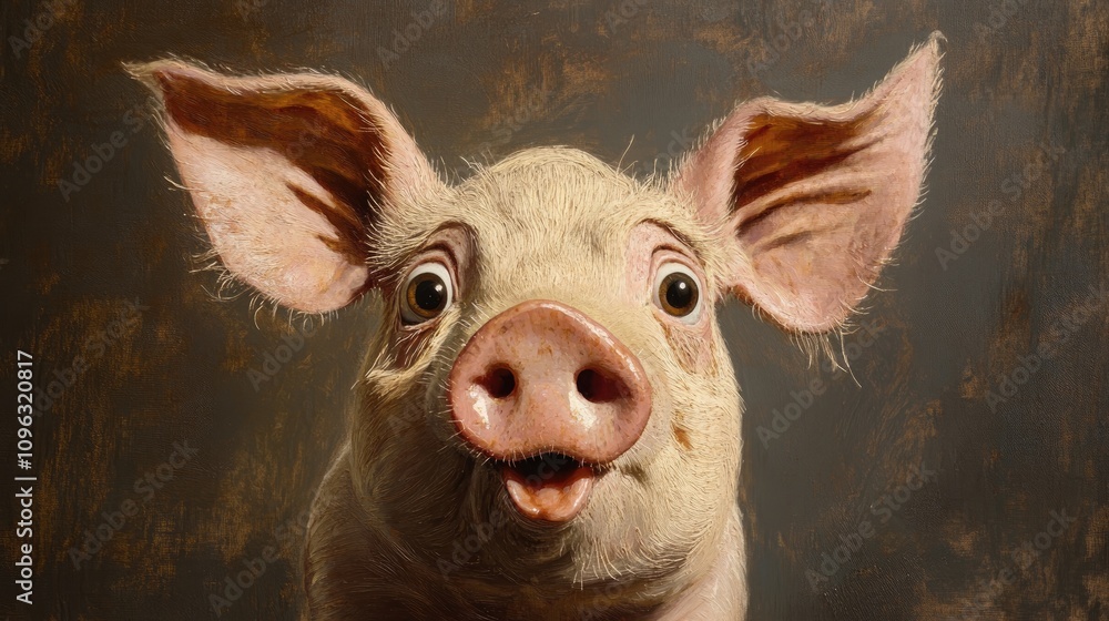 Astonished pig with wide surprised eyes in a studio portrait ...