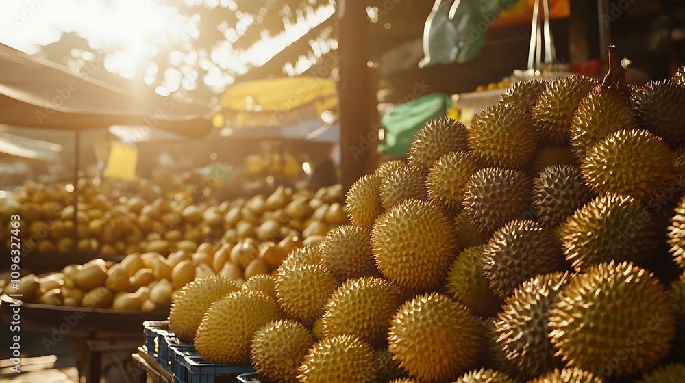 Pile of fresh durians in a sunny open market under natural light with ...
