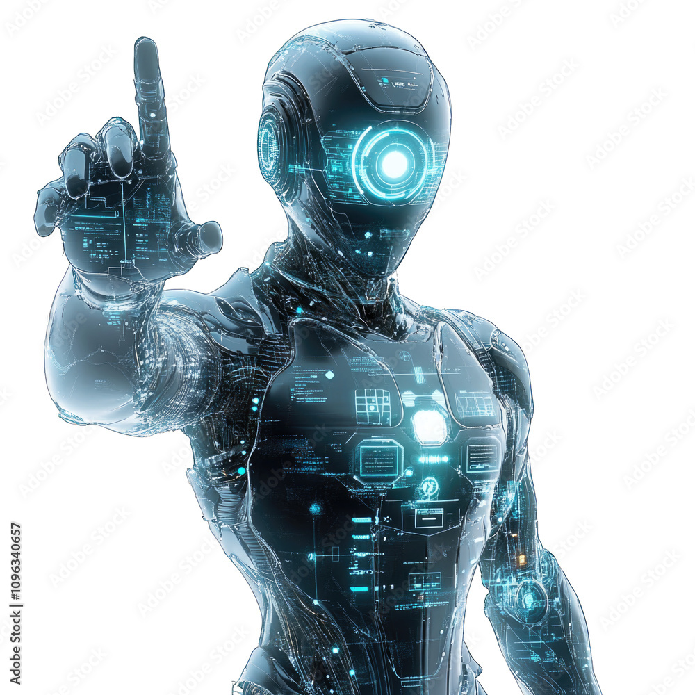 Futuristic humanoid robot with glowing features pointing upwards ...