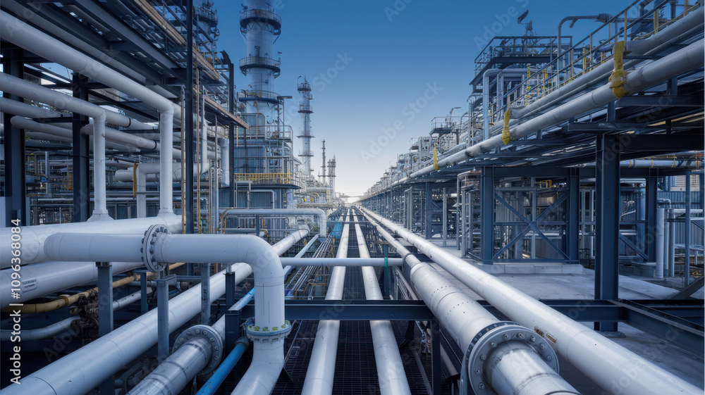 Pipelines stretch through modern refinery, showcasing industrial design ...