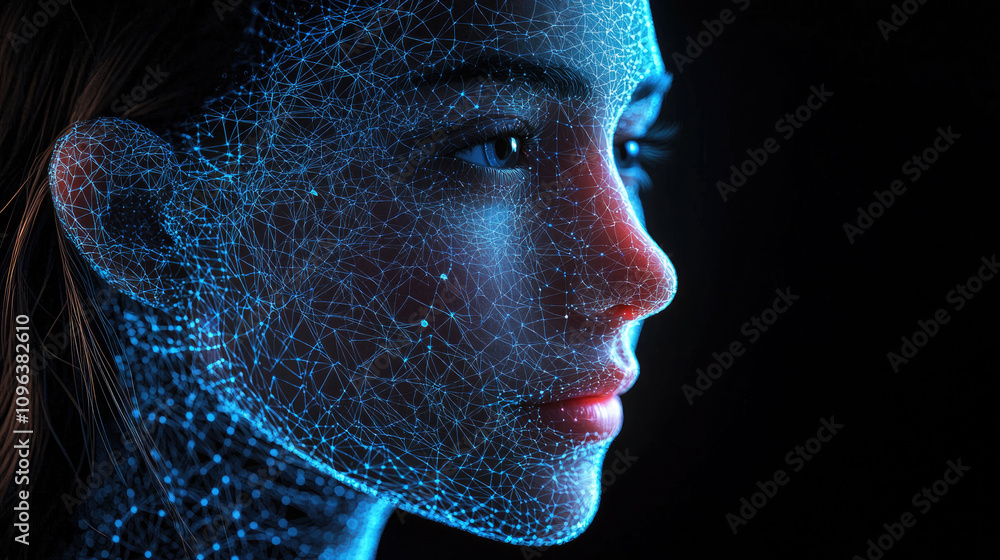 Young woman face with lines of facial recognition system work, digital ...