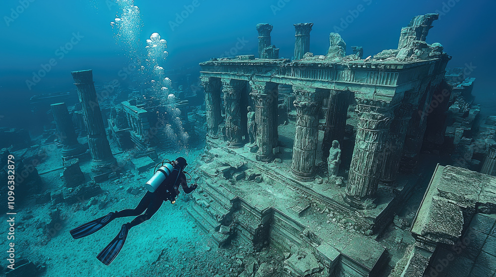 Ancient Egyptian temple underwater in sea, diver swims past old ...