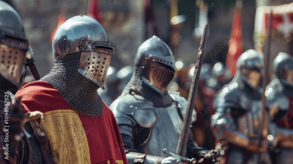 Image shows armored knights in formation with chain mail, swords, and ...