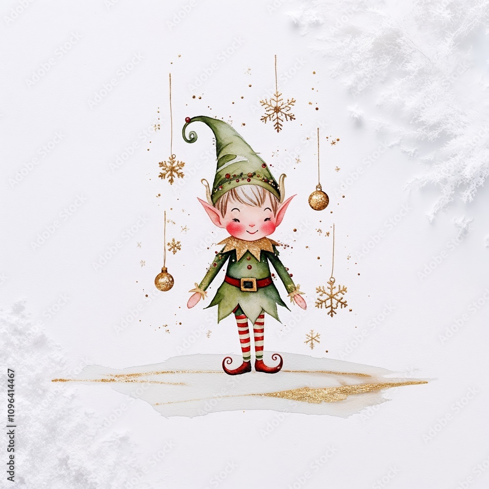 Cute Christmas Elf Watercolor Illustration with Snowflakes Ornaments ...
