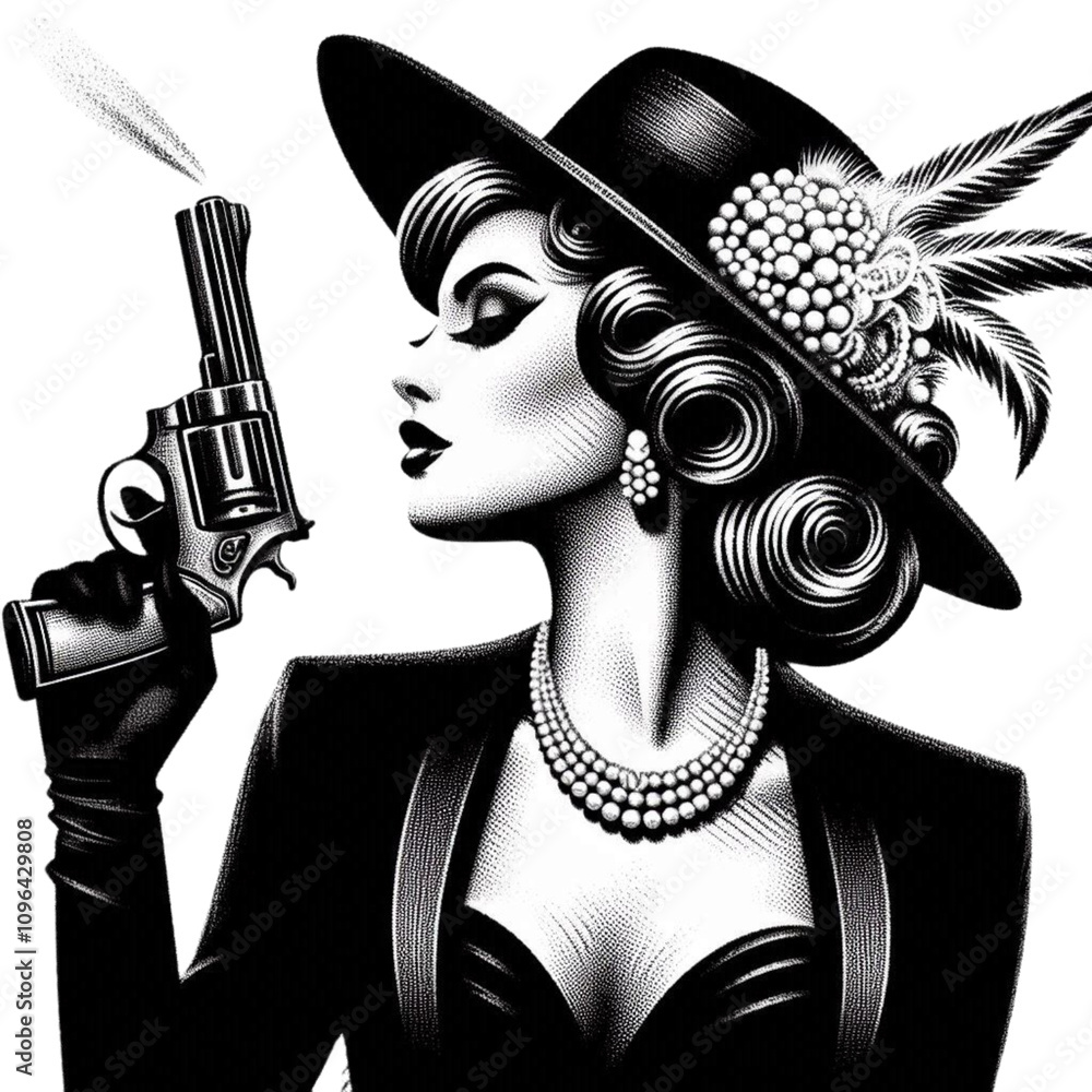 A glamorous woman dressed elegantly, holding a revolver, exuding ...