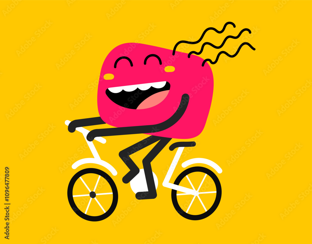 Vector cartoon illustration of smile geometric monster ride on bike on ...
