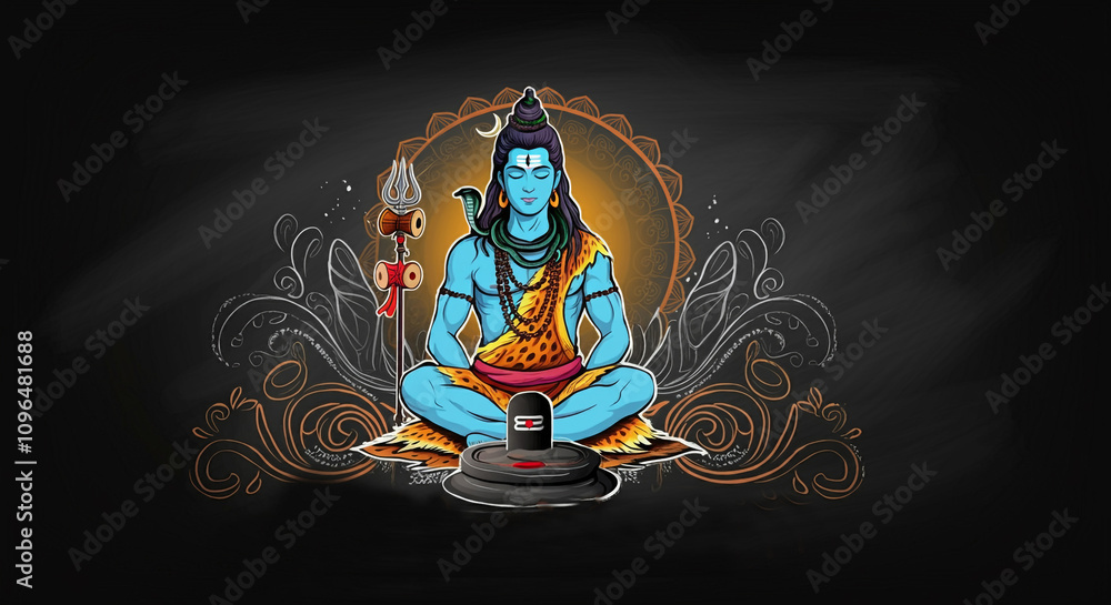 Lord Shiva in a meditative pose with a Shiva Lingam and decorative ... Lord Shiva in a meditative pose with a Shiva Lingam and decorative ...