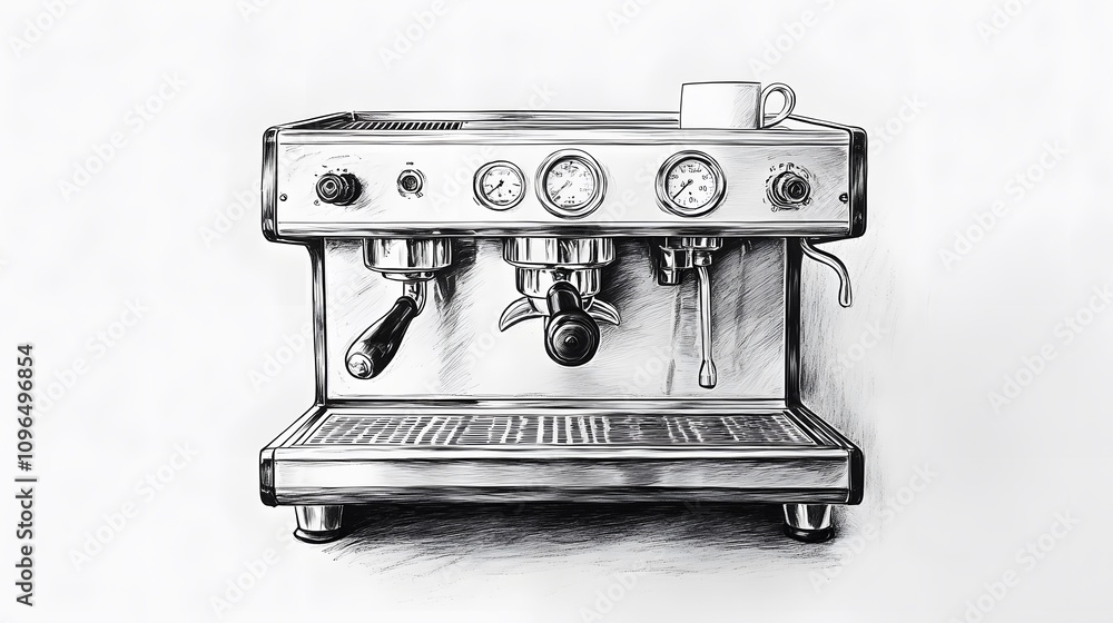 Hand-drawn espresso machine illustration in black and white line art ...
