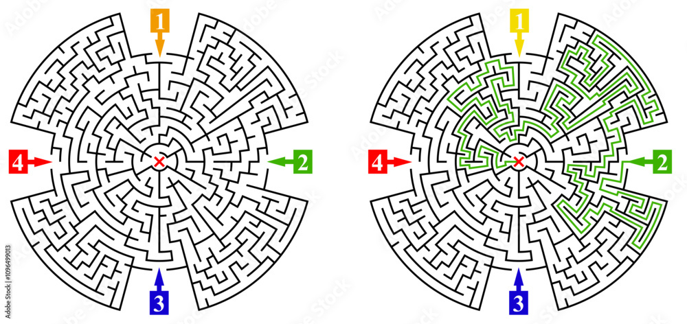 Circular labyrinth with 4 entrances. Find the right way and reach the ...