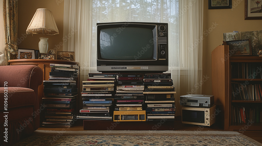 Living room featuring a classic CRT television surrounded by stacked ...