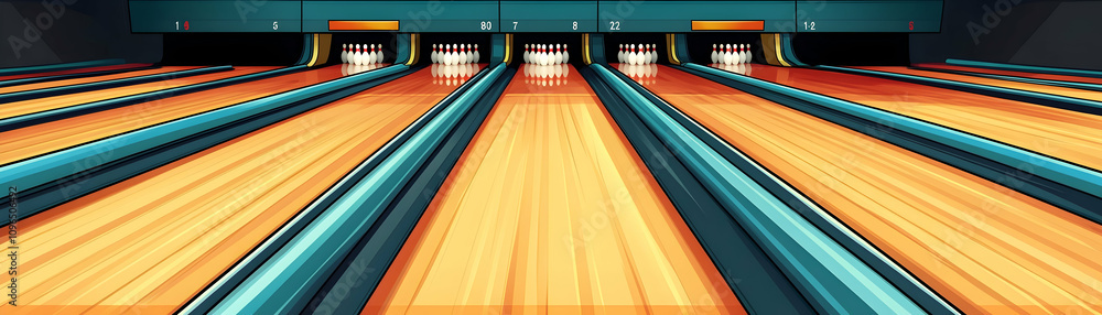 Striking Bowling Alley Lanes: A Vibrant Cartoon Illustration of a ...