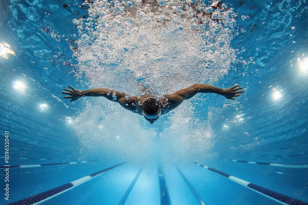 Professional swimmer diving underwater in a pool with bubbles, perfect ...