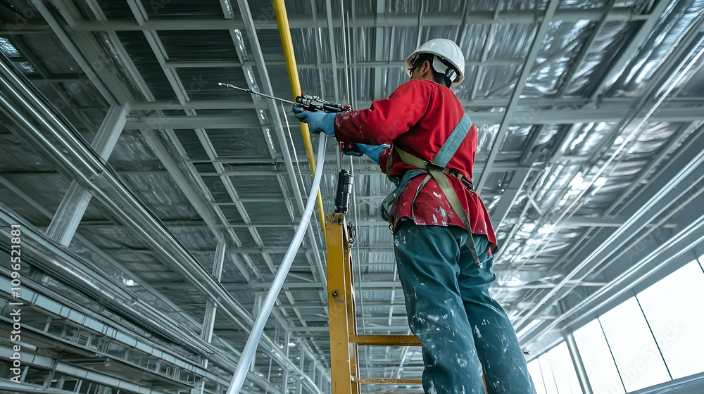 Worker on scaffolding installs pipe fittings on a large industrial ...