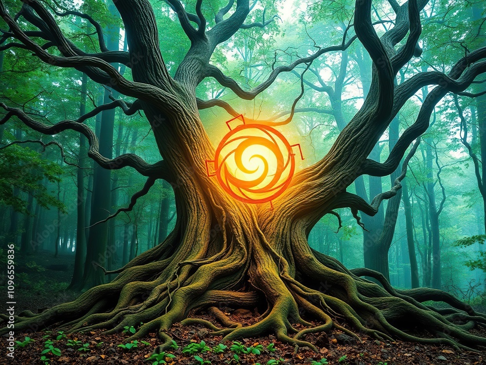 Twisted branches and roots of an ancient tree are wrapped around a ...