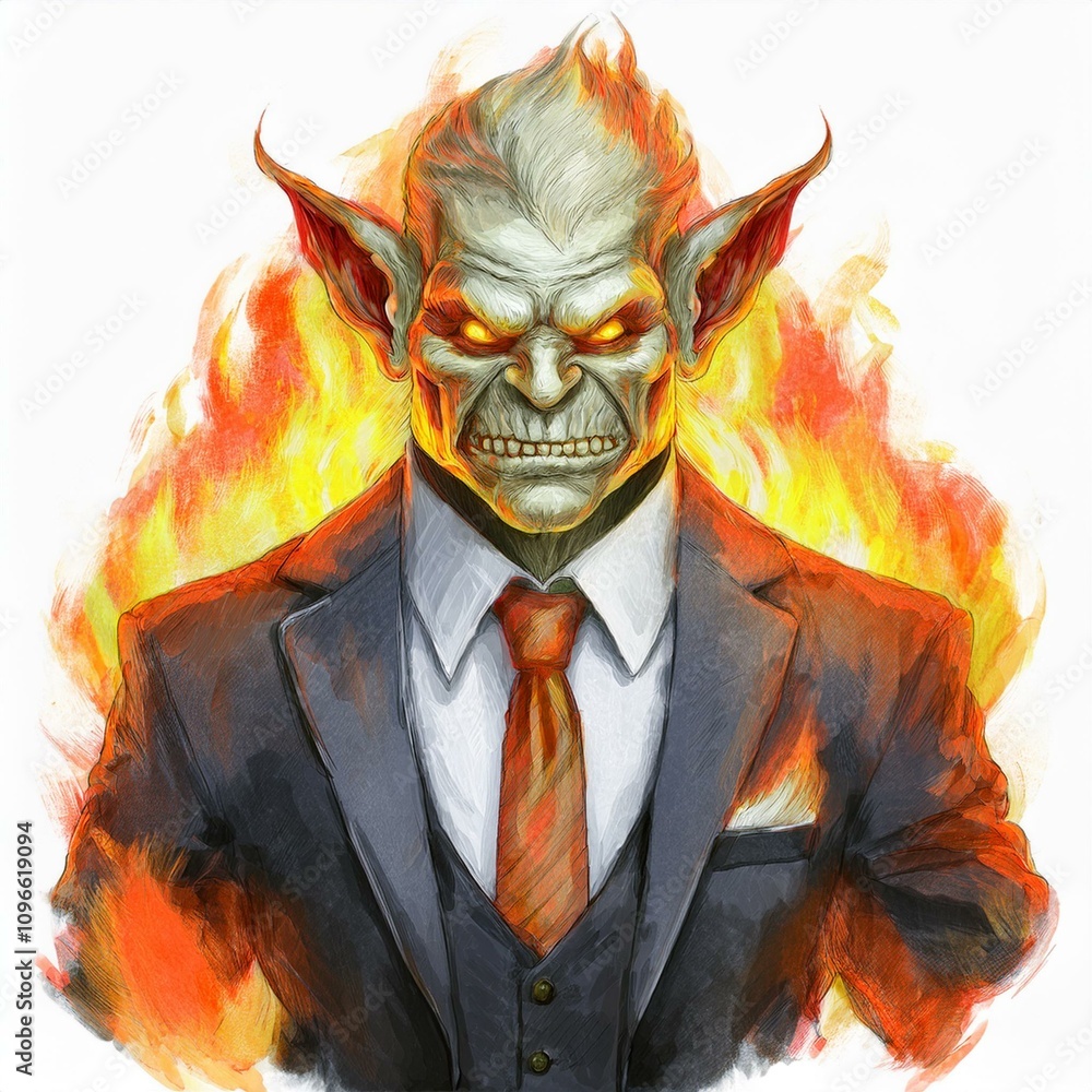 illustration of a troll with man body an men's suit with tie in burning ...
