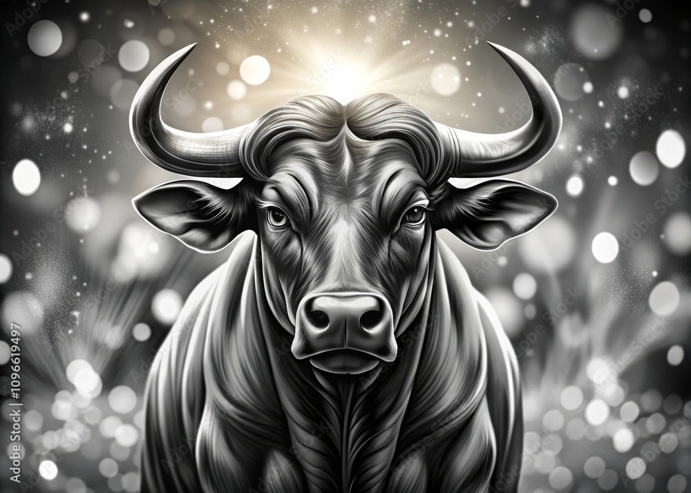 Vector Illustration of a Majestic Black and White Bull Against a Dreamy ...