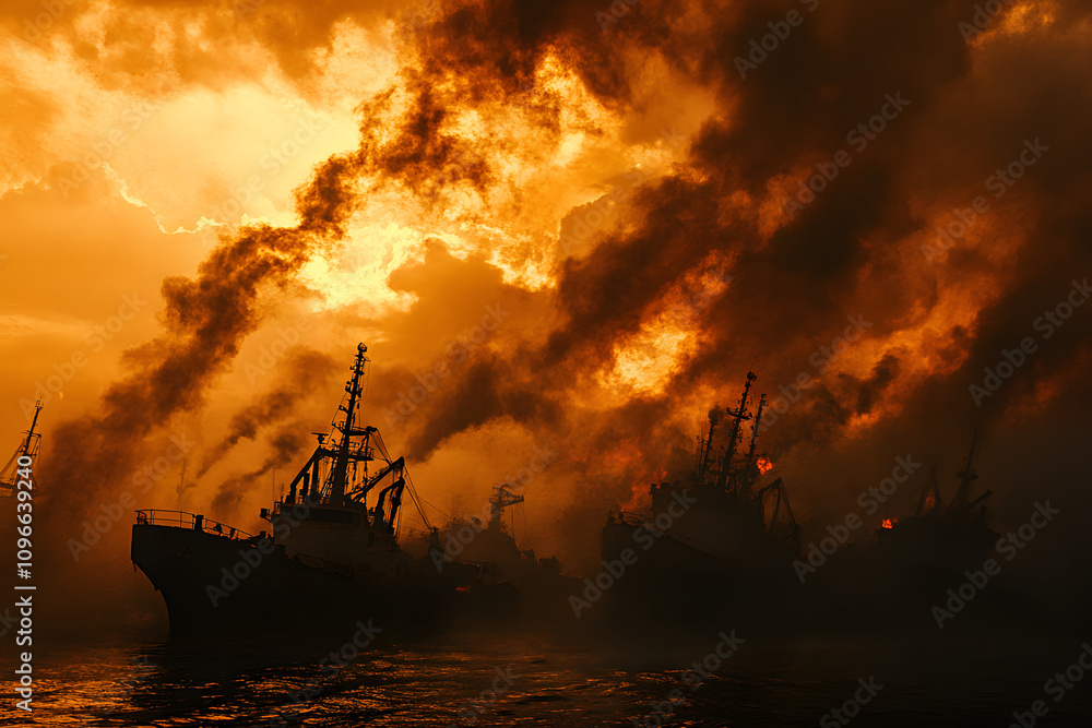 Fiery chaos at sea with smoke and flames engulfing ships against an ...