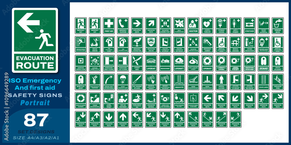 87 set iso emergency and first aid safety signs v80_evacuation route ...