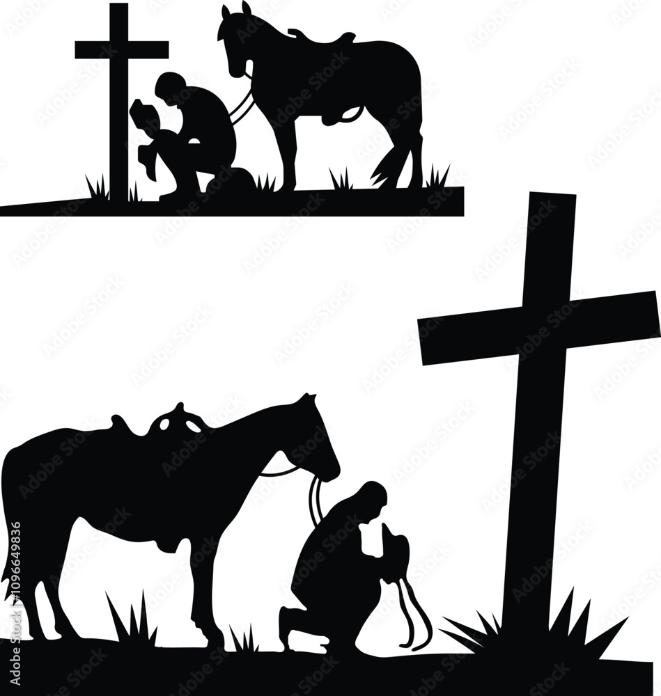 Cowboy kneeling at cross Vector Silhouette, cowboy kneeling SVG, Cowboy ...