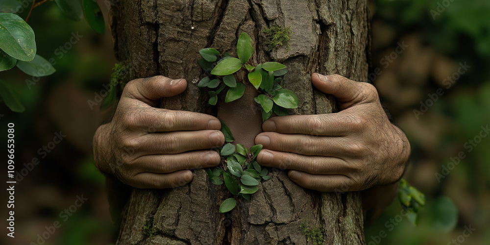 Two hands gently embrace the trunk of a tree as new leaves emerge from ...
