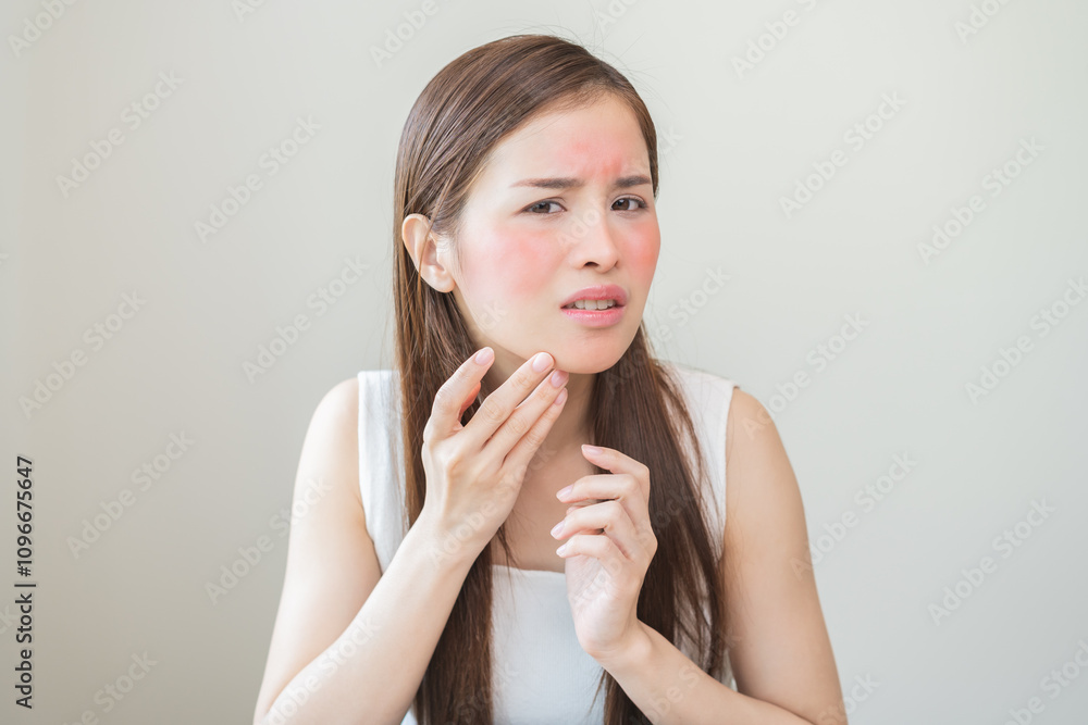 Dermatology, scratch asian young woman, girl face worry and itch, itchy ...