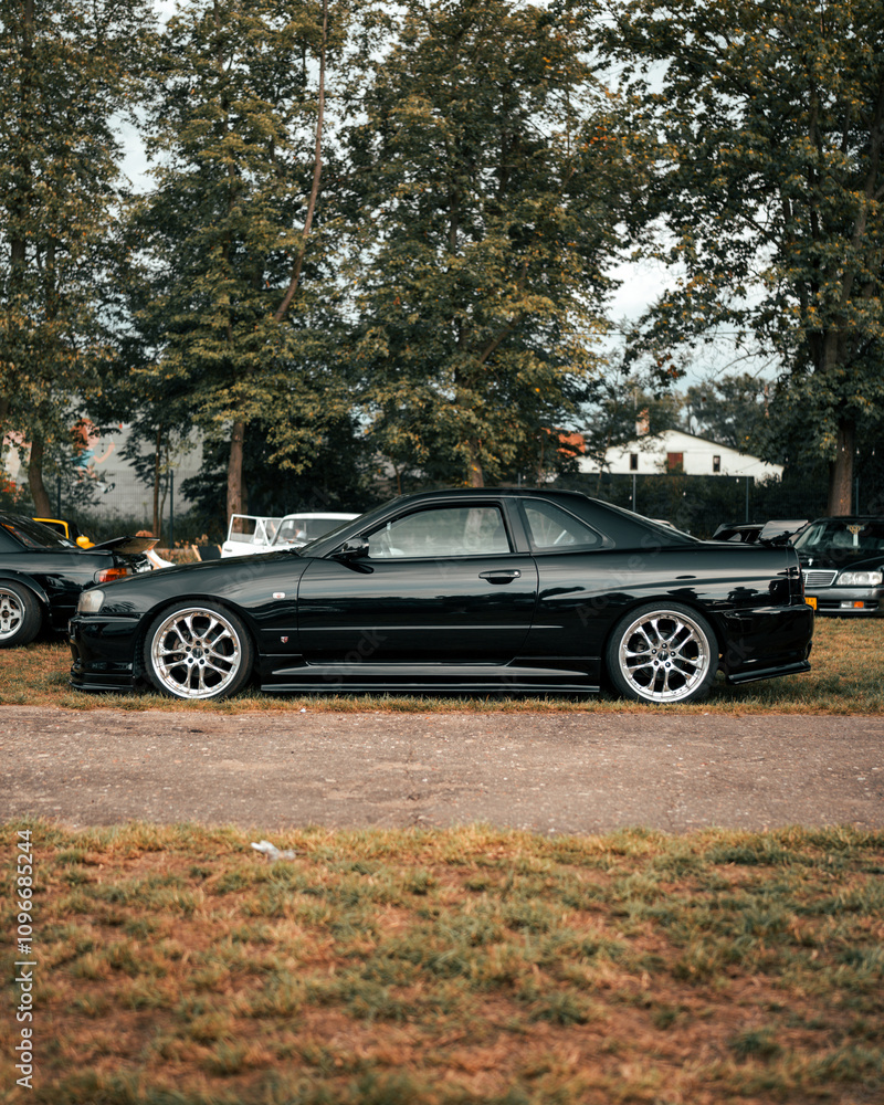 A Nissan Skyline R34 with a sleek design, polished rims, and a lowered ...