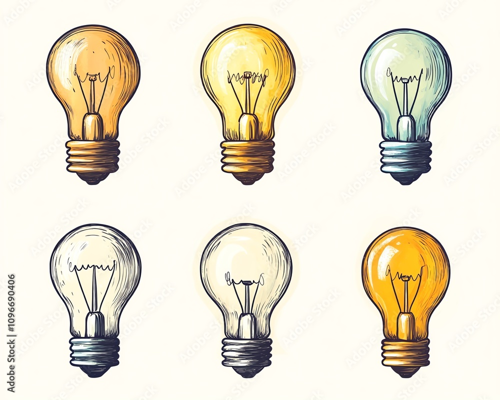Sketchstyle light bulb icons depicting thinking, inspiration, and ...