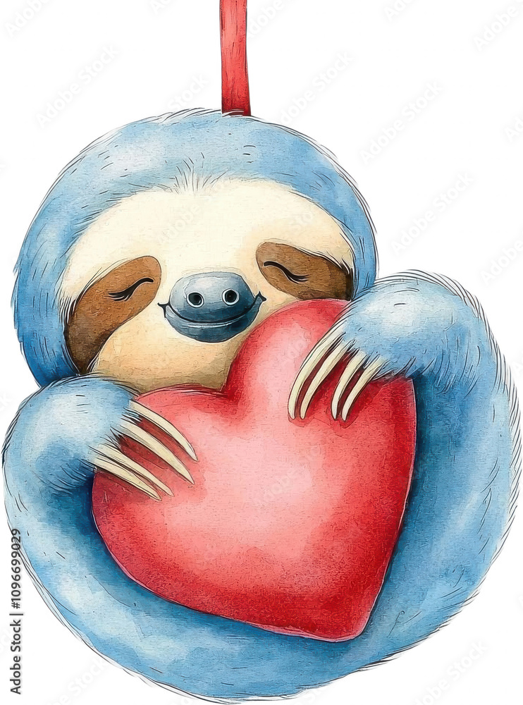 Watercolor illustration clipart of a sloth hugging a plush heart while ...