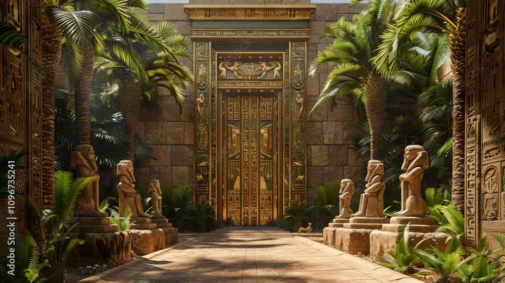 A garden pathway lined with statues of Egyptian deities and bordered by ...