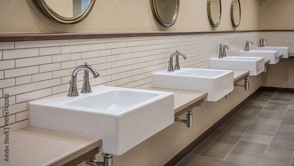 Rows of sinks and mirrors in a public restroom showcasing neat design ...