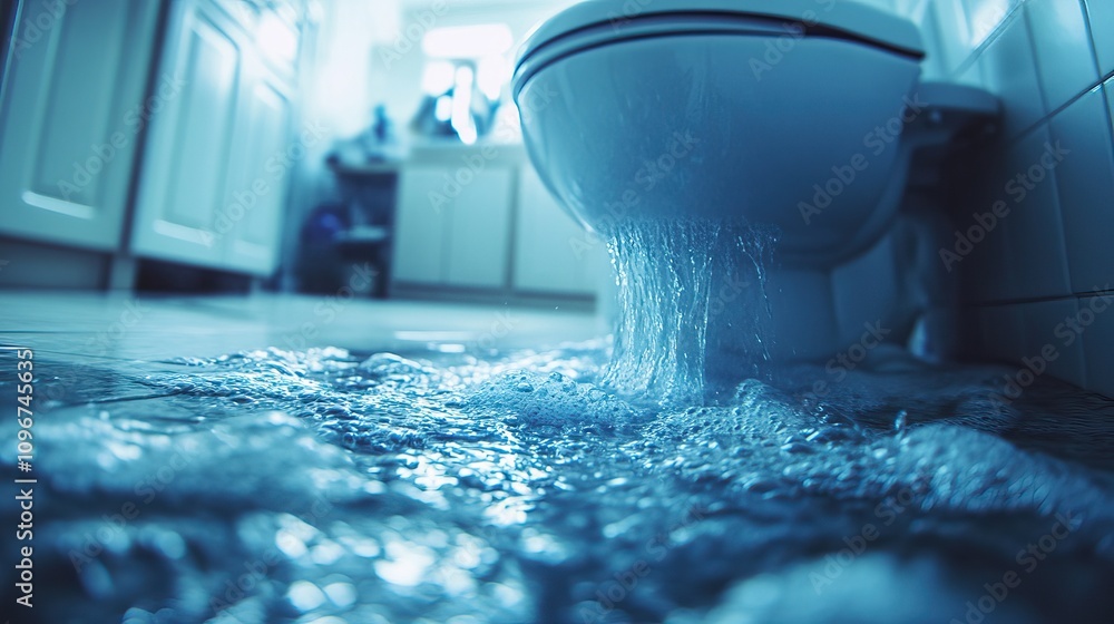 Overflowing toilet causing water to spill on the bathroom floor. AI ...