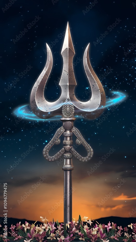 A majestic image of Lord Shiva's trident (Trishul) with a crescent moon, set against a mountain ...