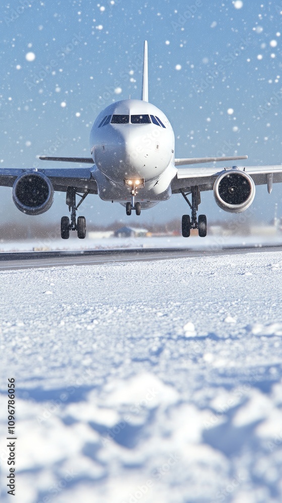 Snowy runway departure of a sleek white airplane soaring into a clear ...