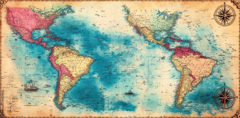 Antique World Map Showing Continents Oceans and Ships Stock ...