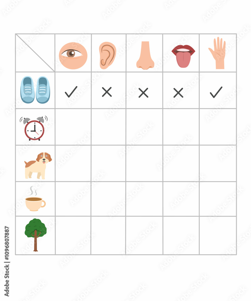 Five senses worksheet for kids, mark five senses would use for each ...