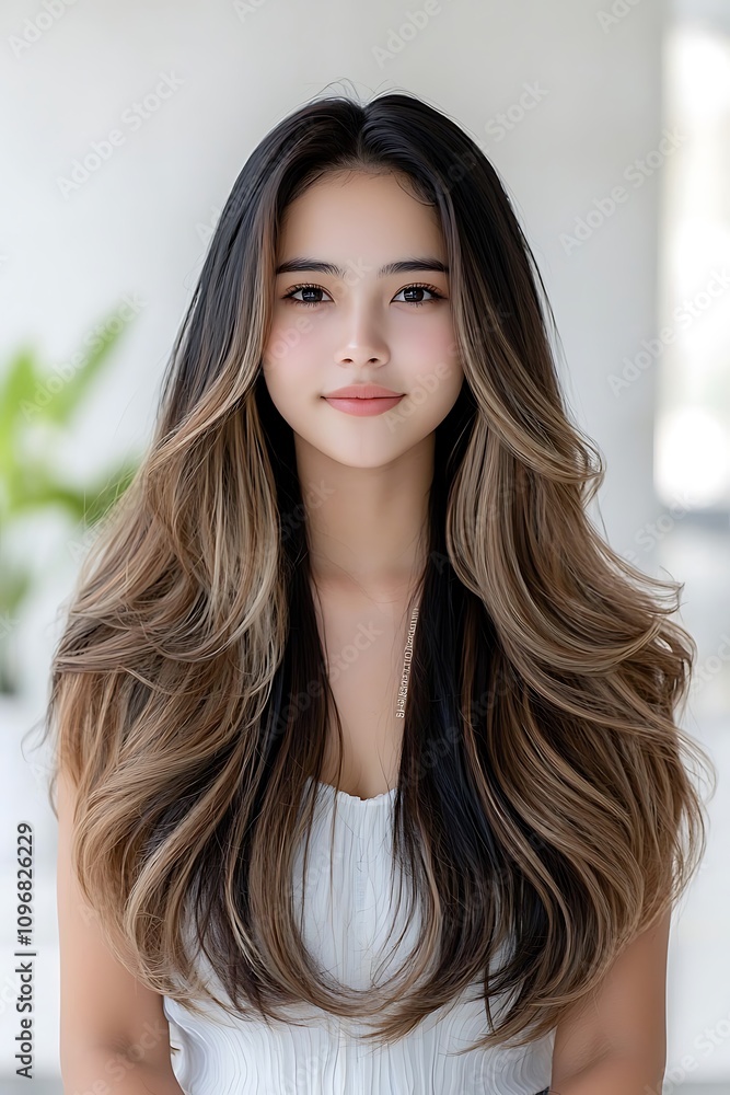 A stunning woman with long, flowing hair that transitions from dark to ...