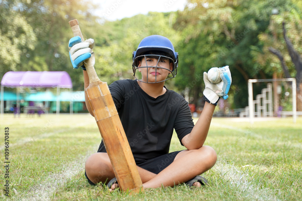 Cricket player wearing cricket Helmet holds a bat and ball in his hand ...
