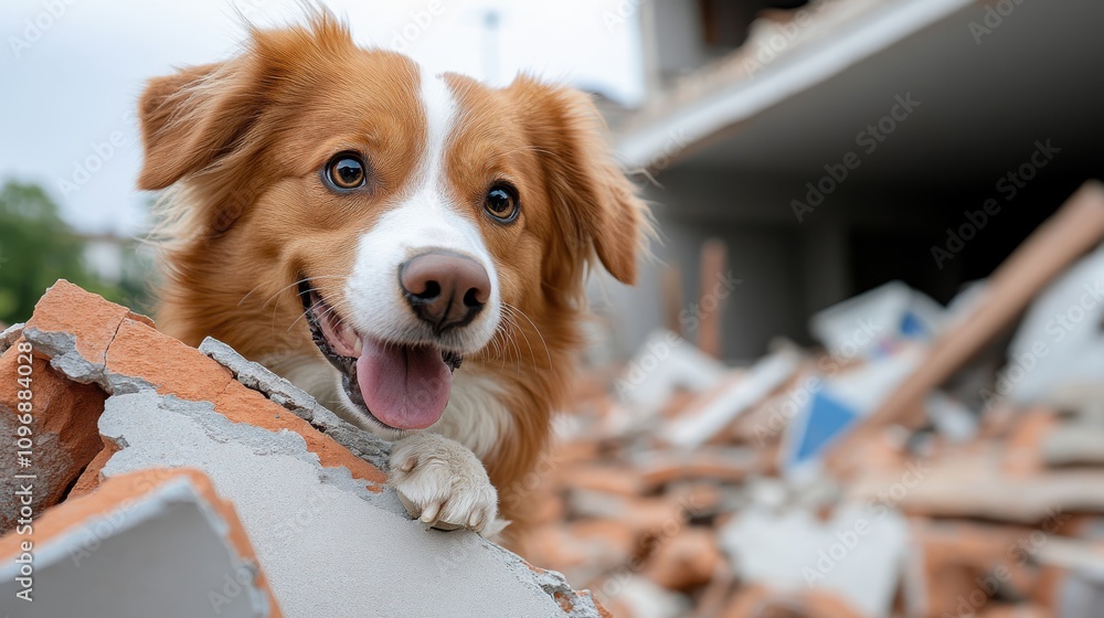 An inquisitive dog peeks over fragmented rubble, as construction ...