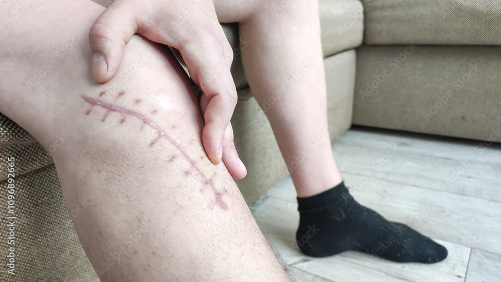 Scars after knee surgery, leg fracture requiring surgery and metal ...