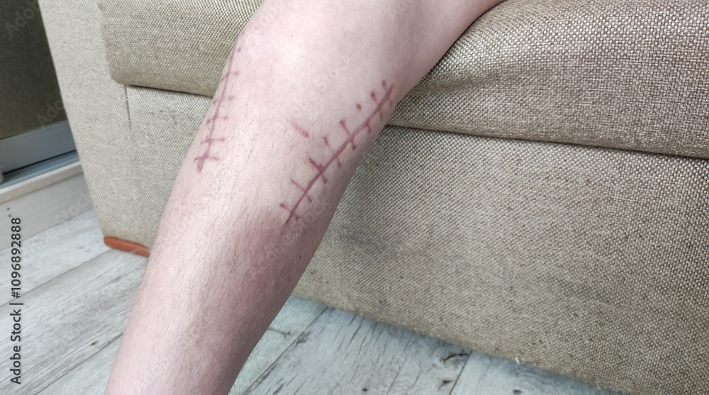 Scars after knee surgery, leg fracture requiring surgery and metal ...