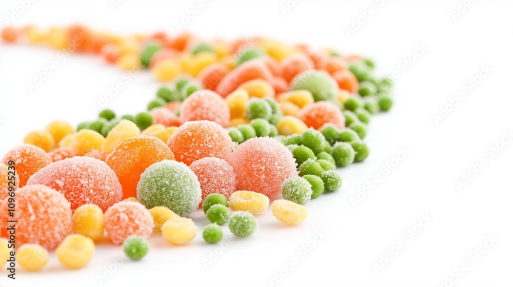 Frozen vegetable medley, including peas, carrots, and corn, spread in a ...