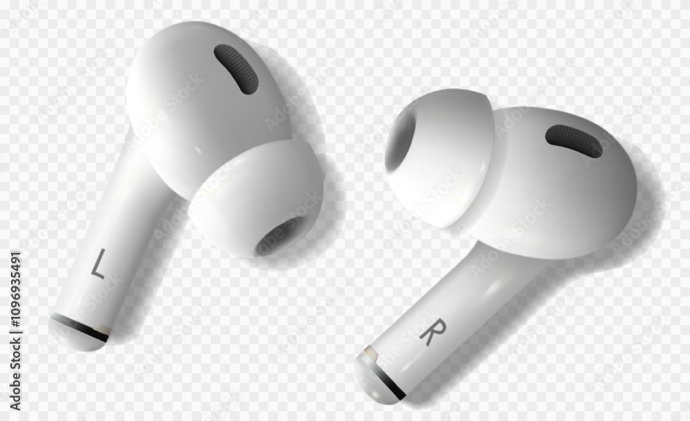 White realistic wireless earphones. Left and right bluetooth airpods ...