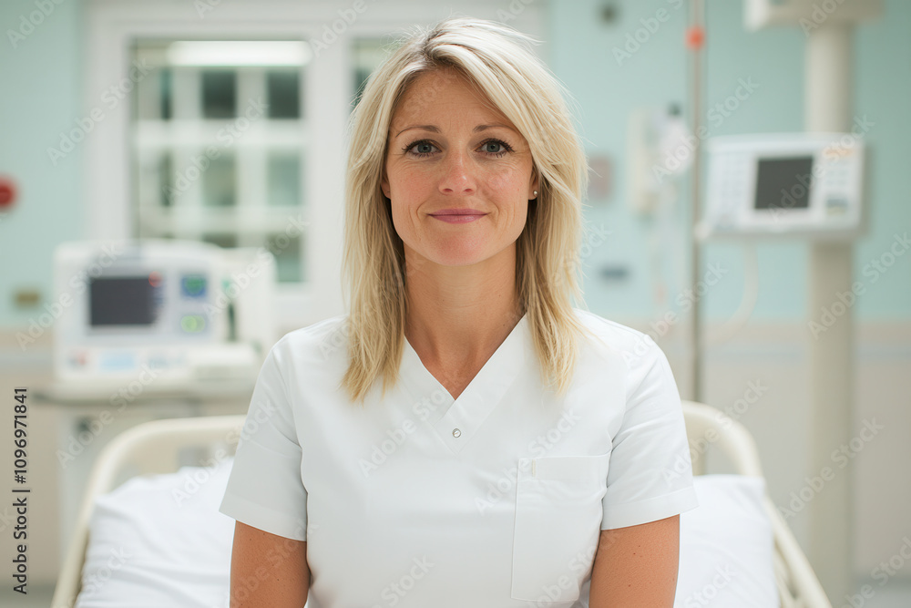 Smiling nurse in white uniform sitting in a hospital room with medical ...