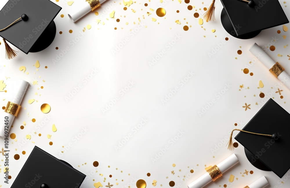 Graduation caps diplomas gold confetti on white background. Flatlay ...