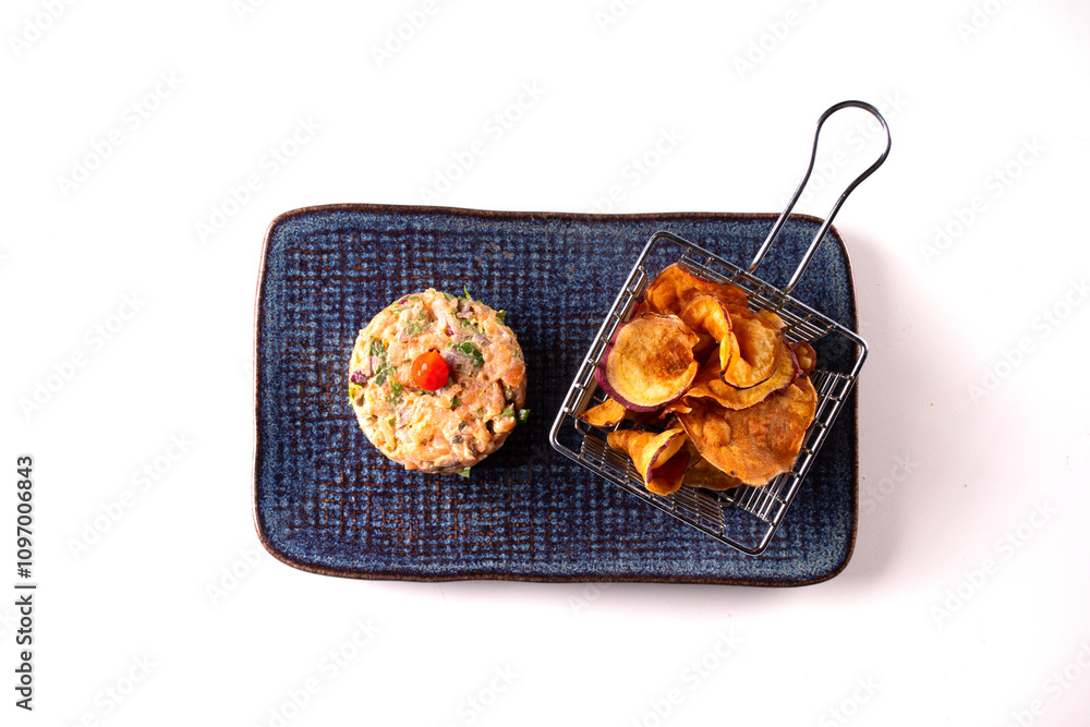 smoked salmon tartare with fried sweet potato chips pepper pout and ...