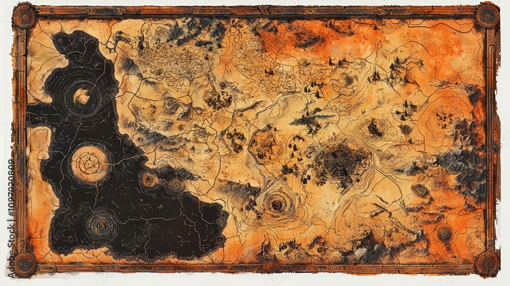 A captivating, hand-drawn fantasy map illustrating varied terrains ...